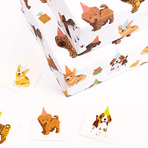 CENTRAL 23 - White Wrapping Paper - Dogs in Hats - 6 Sheets of Birthday Gift Wrap - Celebration - For Men Women Kids - Recyclable