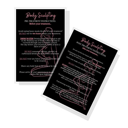 Body Sculpting Pre and Post Treatment Information Cards | 30 Pack | 4x6” inch Large Postcard Size | Black with Rose Gold Silhouette Design