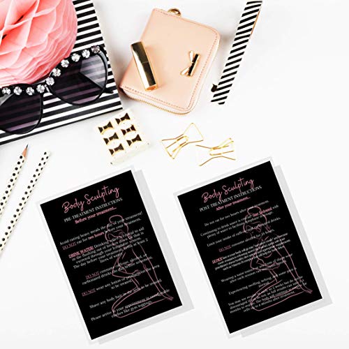 Body Sculpting Pre and Post Treatment Information Cards | 30 Pack | 4x6” inch Large Postcard Size | Black with Rose Gold Silhouette Design