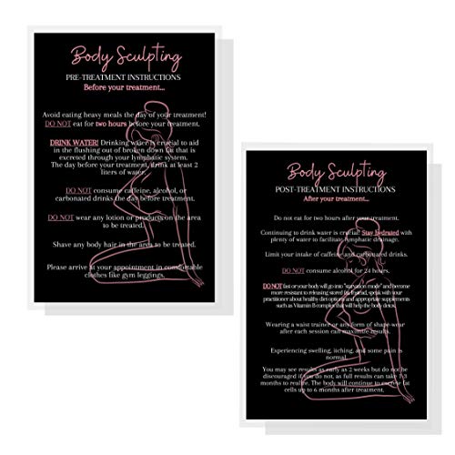 Body Sculpting Pre and Post Treatment Information Cards | 30 Pack | 4x6” inch Large Postcard Size | Black with Rose Gold Silhouette Design