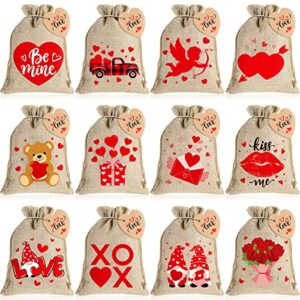 shappy 24 pieces valentine’s day burlap gift bags with drawstring heart bags party favor bag with heart mini wedding gift bags heart burlap bags with tags and ropes (be mine, kiss, love)