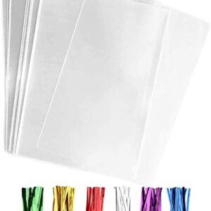 200 pcs Clear 5" x 7" Flat Cello Cellophane Bags Poly Treat Bags 2.8 mils for Gift Wrapping, Bakery, Cookie, Candies, Toast, Dessert, Party Favors Packaging with Color Twist Ties!…