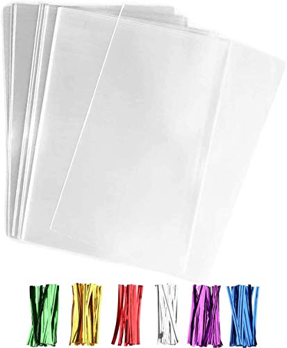 200 pcs Clear 5" x 7" Flat Cello Cellophane Bags Poly Treat Bags 2.8 mils for Gift Wrapping, Bakery, Cookie, Candies, Toast, Dessert, Party Favors Packaging with Color Twist Ties!…