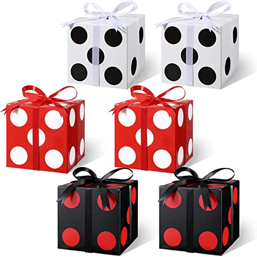 24 Pack Casino Party Dice Favor Box 4 x 4 x 4 Inch Casino Party Decoration Casino Themed Party Goodie Boxes Gable Boxes Gift Boxes with Ribbon for Birthday Party Casino Night Supplies, Black Red White