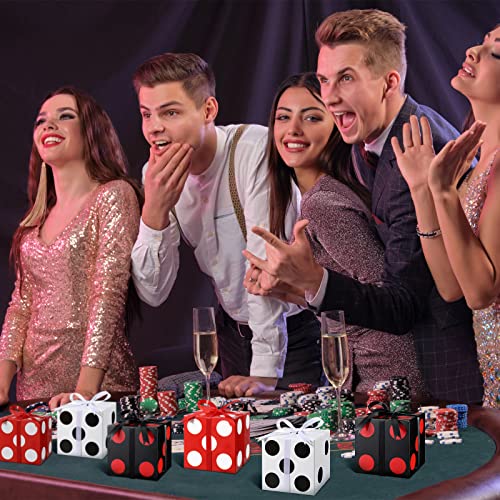 24 Pack Casino Party Dice Favor Box 4 x 4 x 4 Inch Casino Party Decoration Casino Themed Party Goodie Boxes Gable Boxes Gift Boxes with Ribbon for Birthday Party Casino Night Supplies, Black Red White