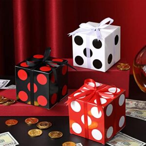 24 Pack Casino Party Dice Favor Box 4 x 4 x 4 Inch Casino Party Decoration Casino Themed Party Goodie Boxes Gable Boxes Gift Boxes with Ribbon for Birthday Party Casino Night Supplies, Black Red White