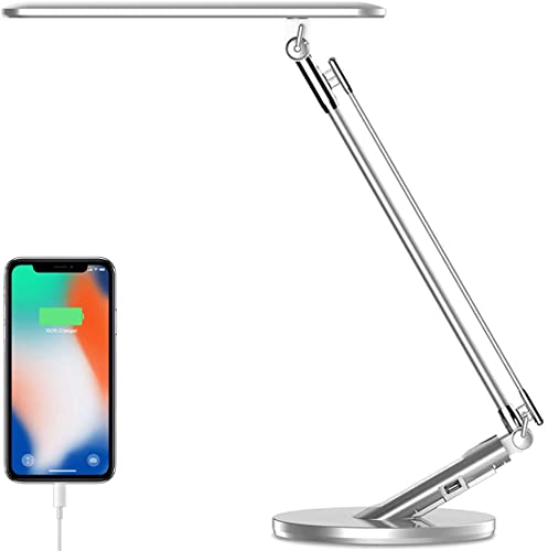 LED Desk Lamp,JUKSTG Eye-Caring Table Lamp 7 Brightness Levels 4 Lighting Modes Home Office Lamps,Desk Light with USB Charging Port,Blue Light Filter,Touch Control,14W Adjustable Reading Lamps,Silver