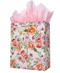 elephant-package 12.6″ large flower gift bag with tissue paper and greeting card, for girls women birthday gift packing, mothers day, valentine’s day, bridal shower, (pink rose)