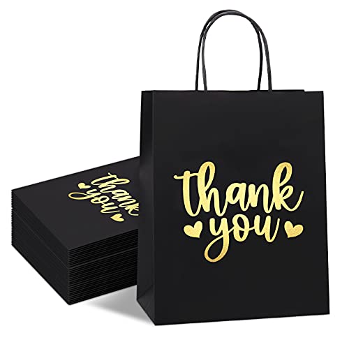 QIELSER Thank You Gift Bags Bulk 50 Pcs Medium, Gold Foil Thank You Black Paper Bags with Handles for Retail Shopping, Wedding, Baby Shower Holiday, Party Favors, Size 8x4.75x10 Inches