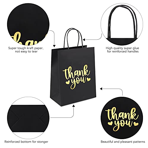 QIELSER Thank You Gift Bags Bulk 50 Pcs Medium, Gold Foil Thank You Black Paper Bags with Handles for Retail Shopping, Wedding, Baby Shower Holiday, Party Favors, Size 8x4.75x10 Inches