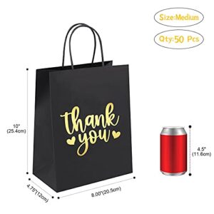 QIELSER Thank You Gift Bags Bulk 50 Pcs Medium, Gold Foil Thank You Black Paper Bags with Handles for Retail Shopping, Wedding, Baby Shower Holiday, Party Favors, Size 8x4.75x10 Inches