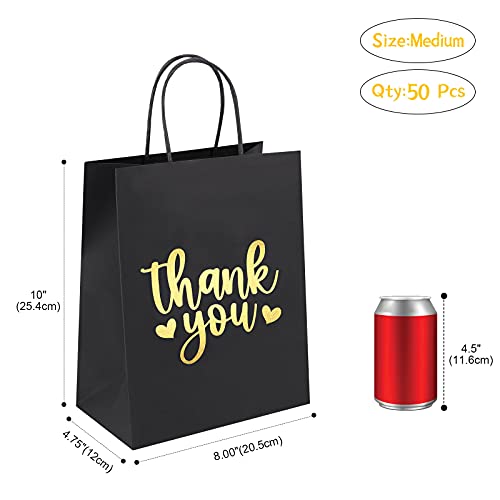 QIELSER Thank You Gift Bags Bulk 50 Pcs Medium, Gold Foil Thank You Black Paper Bags with Handles for Retail Shopping, Wedding, Baby Shower Holiday, Party Favors, Size 8x4.75x10 Inches