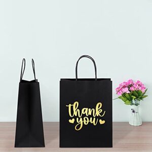 QIELSER Thank You Gift Bags Bulk 50 Pcs Medium, Gold Foil Thank You Black Paper Bags with Handles for Retail Shopping, Wedding, Baby Shower Holiday, Party Favors, Size 8x4.75x10 Inches