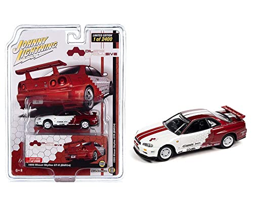 Johnny Lightning 1999 Nissan Skyline GT-R BNR34 Two-Tone White/Red Singapore DilSre Exclusive Limited Edition to 2400 Pieces Worldwide 1/64 Diecast Model Car