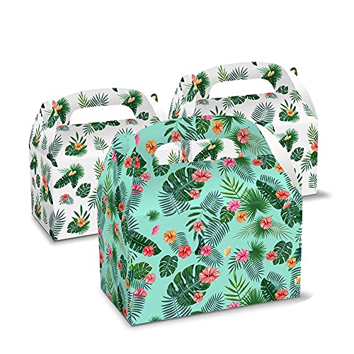 jianxun 24 pcs Luau Hawaiian Tropical Treat Gift Paper Garboard Boxes with Handles for Crafts Candy Goodie Bags, Picnic Snacks, Birthday Party Favor, Baby Shower, green, 3.7x3.7x6.24 Inch