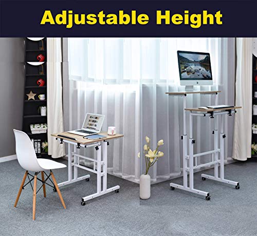 AIZ Mobile Standing Desk, Adjustable Computer Desk Rolling Laptop Cart on Wheels Home Office Computer Workstation, Portable Laptop Stand for Small Spaces Tall Table for Standing or Sitting, Oak