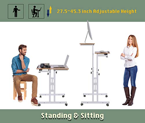 AIZ Mobile Standing Desk, Adjustable Computer Desk Rolling Laptop Cart on Wheels Home Office Computer Workstation, Portable Laptop Stand for Small Spaces Tall Table for Standing or Sitting, Oak