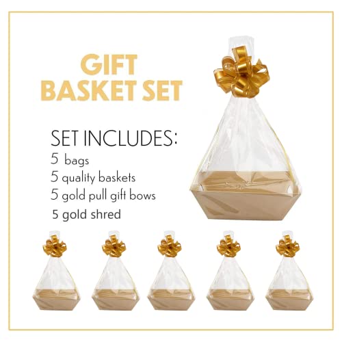 [5 Pk] 8x10” Small Basket for Gifts Empty, Basket Bags, Gold Pull Bows, Crinkle Cut Paper Shred Filler| Gift Basket Kit| Wine Basket Gift Set| Christmas, Easter| Gift to Impress-Upper Midland Products