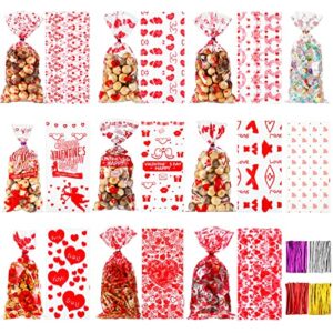 200 pcs valentine cellophane candy bags valentine’s day gift bags valentine cellophane treat bags with 200 twist ties valentine goodies bags for kids valentine party supplies,10 styles