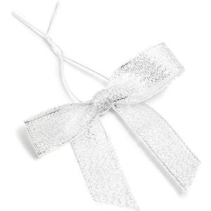 silver satin bow twist ties for treat bags (100 pack)