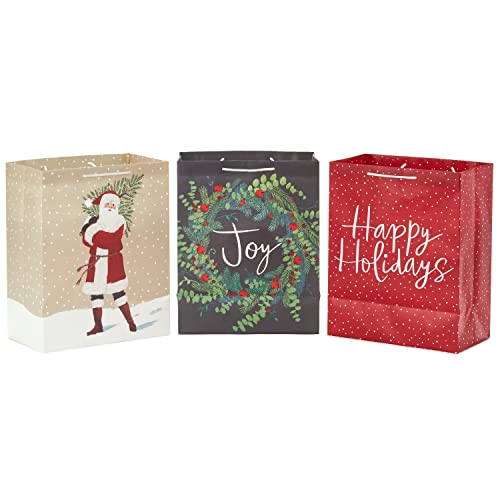 Hallmark 13" Large Christmas Gift Bag Bundle (3 Bags: "Joy" Wreath on Gray, Rustic Santa with Tree, "Happy Holidays" on Red) for Friends, Family, Teachers, Coworkers