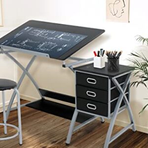 ZENY Drafting Table and Stool Set Tabletop Tilted Drawing Table Drafting Desk w/Drawers Artists Workstation, Art Craft Supplies