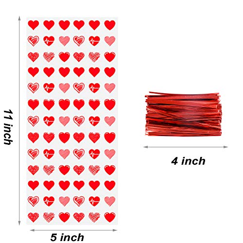 150Pcs Valentine Cellophane Cookie Bags Goodie Candy Treat Bag with Twist Ties for Valentine's Day Party Supplies (3 Styles)