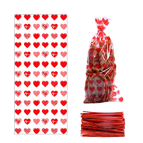 150Pcs Valentine Cellophane Cookie Bags Goodie Candy Treat Bag with Twist Ties for Valentine's Day Party Supplies (3 Styles)