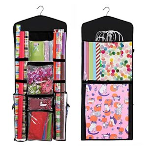 hanging gift wrapping paper storage organizer bag, double sided multiple front & back pockets organize your gift wrap, gift bags bows ribbons 40″x17″ fits long 40 inch rolls clear pvc bag (full black)