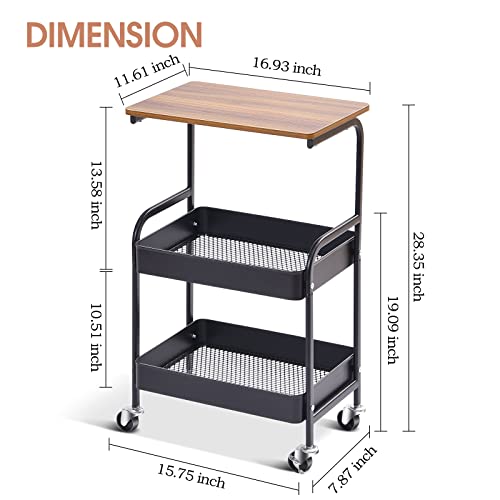 TOOLF Utility Cart with Wooden Table Top, 3-Tier Metal Storage Cart, Black Trolley Kitchen Organizer Rolling Desk with Locking Wheels for Office, Classroom, Home