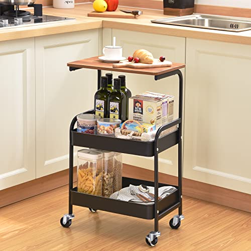 TOOLF Utility Cart with Wooden Table Top, 3-Tier Metal Storage Cart, Black Trolley Kitchen Organizer Rolling Desk with Locking Wheels for Office, Classroom, Home