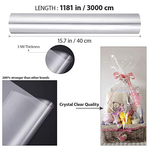 STOBOK Clear Cellophane Wrap Roll - Unfolded Width 31.5 in x 100 Ft 3 Mil Thicken Transparent Long Film Gift Wrappings for Flowers Craft Basket Packing Paper