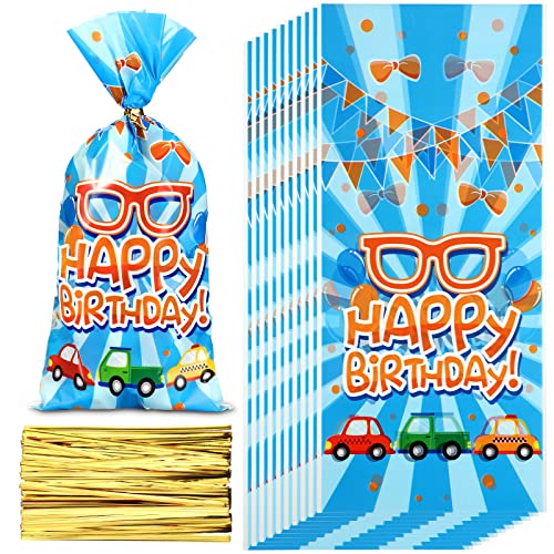 100 Pcs Birthday Party Cellophane Treat Bags English Teacher Party Bags Plastic Candy Goodie Bags Birthday Favors Gift Bags with 100 Pcs Twist Ties for Kid Blue Orange Themed Party Decoration Supplie