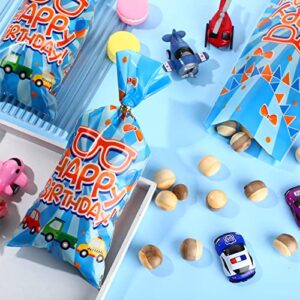 100 Pcs Birthday Party Cellophane Treat Bags English Teacher Party Bags Plastic Candy Goodie Bags Birthday Favors Gift Bags with 100 Pcs Twist Ties for Kid Blue Orange Themed Party Decoration Supplie