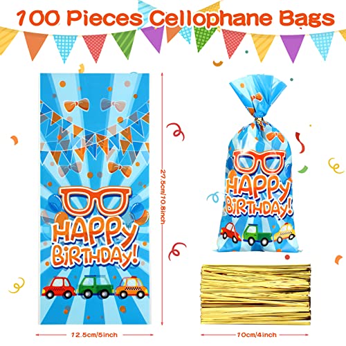 100 Pcs Birthday Party Cellophane Treat Bags English Teacher Party Bags Plastic Candy Goodie Bags Birthday Favors Gift Bags with 100 Pcs Twist Ties for Kid Blue Orange Themed Party Decoration Supplie