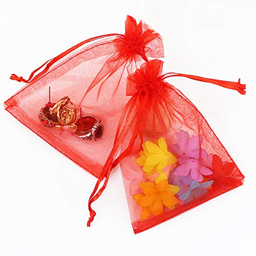 Stratalife 50PCS Drawstring Organza Bags 5x7 Inches Red Transparent Jewelry Favor Pouches Baby Shower Party Wedding Gift Bags Chocolate Candy Bags(50PCS Red)