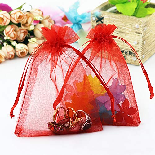 Stratalife 50PCS Drawstring Organza Bags 5x7 Inches Red Transparent Jewelry Favor Pouches Baby Shower Party Wedding Gift Bags Chocolate Candy Bags(50PCS Red)