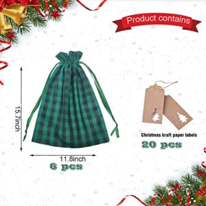 Eylola 6 Pieces 11.8 x 15.7 inch Christmas Buffalo Plaid Drawstring Bag Cotton Xmas Bag Plaid Present Bag Christmas Santa Sack Xmas Stocking Bag Party Supplies (Green and Black)