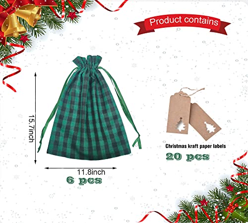 Eylola 6 Pieces 11.8 x 15.7 inch Christmas Buffalo Plaid Drawstring Bag Cotton Xmas Bag Plaid Present Bag Christmas Santa Sack Xmas Stocking Bag Party Supplies (Green and Black)