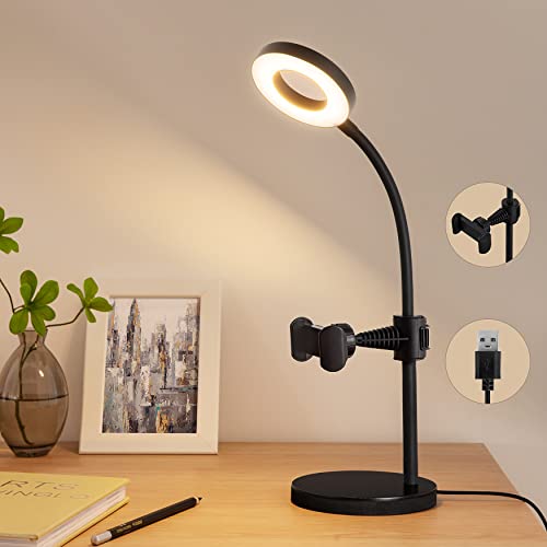 KAWOTI LED Desk Lamp USB Desk Light with 3 Lighting Modes Dimmable 10 Brightness Levels and Rotatable Phone Holder 360 ° Flexible Gooseneck for Bed Reading Work Study