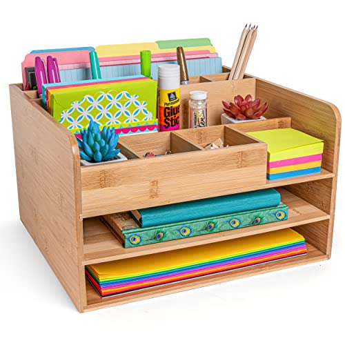 MissionMax Bamboo Wood Desk Organizer, Max Storage with Two File Trays, Vertical File, Pens, Pads and Other Bins to Hold Your Work Necessities