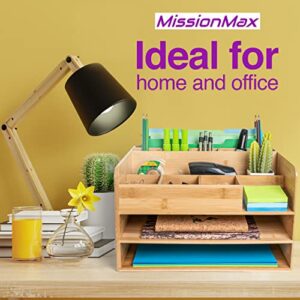 MissionMax Bamboo Wood Desk Organizer, Max Storage with Two File Trays, Vertical File, Pens, Pads and Other Bins to Hold Your Work Necessities