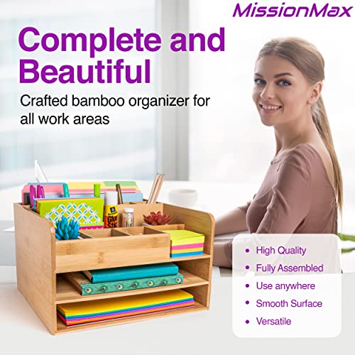 MissionMax Bamboo Wood Desk Organizer, Max Storage with Two File Trays, Vertical File, Pens, Pads and Other Bins to Hold Your Work Necessities