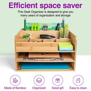 MissionMax Bamboo Wood Desk Organizer, Max Storage with Two File Trays, Vertical File, Pens, Pads and Other Bins to Hold Your Work Necessities