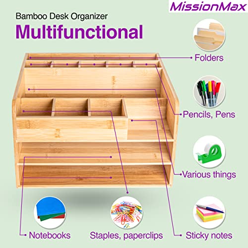 MissionMax Bamboo Wood Desk Organizer, Max Storage with Two File Trays, Vertical File, Pens, Pads and Other Bins to Hold Your Work Necessities