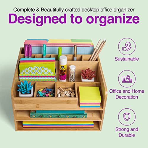 MissionMax Bamboo Wood Desk Organizer, Max Storage with Two File Trays, Vertical File, Pens, Pads and Other Bins to Hold Your Work Necessities