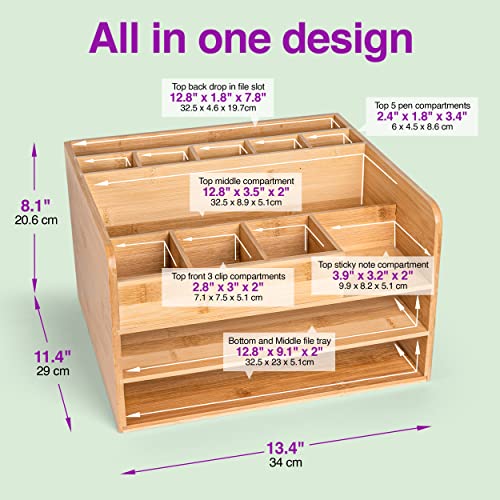 MissionMax Bamboo Wood Desk Organizer, Max Storage with Two File Trays, Vertical File, Pens, Pads and Other Bins to Hold Your Work Necessities