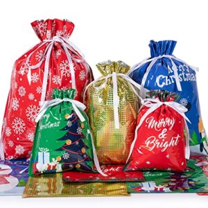 decorlife christmas bags for gifts, 30pcs drawstring christmas gift bags, assorted sizes for presents, 5 designs and 4 size (extra large, large, medium, small), xmas wrapping bags bulk for holiday goody