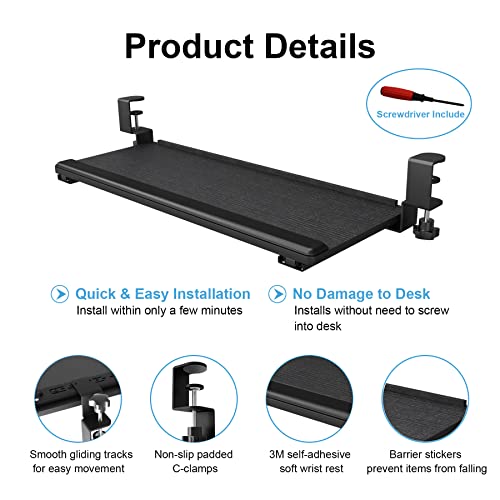 EQEY Keyboard Tray Under Desk Slide,Clamp On Keyboard Tray Under Desk Keyboard Tray Slide Out with Sturdy C-Clamp Mount & Wrist Support Pad Keyboard Drawer for Desk (30 x 10 inch) Black