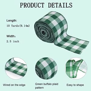 St Patrick's Day Wired Edge Ribbons for Gift Wrapping Tree Wreaths DIY Crafts, Green and White Check Buffalo Plaid Fabric Ribbons for Home Theme Party Earth Day Decorations, 2.5" × 10 Yard, 1 Roll